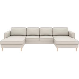 Wohnlandschaft Home Affaire "Booster, whlw. mit Schlaffunktion & Bettkasten, Fu&szlig; Buche lackiert", grau (sandgrau), B:305cm H:83cm T:161cm, 100% Polyester, Sofas, Wohnlandschaft, Sofa in U-Form, Breite 305 cm, in Cord oder Struktur
