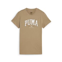 T-Shirt Puma "SQUAD GRAPHIC TEE", Damen, Gr. S, braun (oak branch), Jersey, Obermaterial: 100% Baumwolle, bedruckt, regular fit normal, Rundhals, Shirts T-Shirt, sportlicher Stil, mit Print-Applikation im College-Stil, Kurzarm