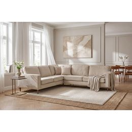 Ecksofa Home Affaire "Pinto Skandi, 290 cm, Chenille, Struktur, Ottomane links / rechts", creme, B:290cm H:89cm T:250cm, 100% Polyester, Sofas, Ecksofa, mit Keder, Massivholzf&uuml;&szlig;e Eiche ger&auml;uchert, Wellenunterfederung
