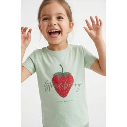 T-Shirt KIDS Only "KMGCANDY LIFE S/S PRINTED TEE JRS NOOS", M&auml;dchen, Gr. 128, aqua foam print:strawberry, Jersey, Obermaterial: 100% Baumwolle, unifarben, regular fit normal, Rundhals, Shirts T-Shirt