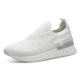 Slip-On Sneaker Tamaris, Damen, Gr. 40, silber (wei&szlig;, silberfarben), Textil, Schuhe Slip-On Sneaker, Keilsneaker, Slipper, Freizeitschuh, Halbschuh mit T-Logoschriftzug
