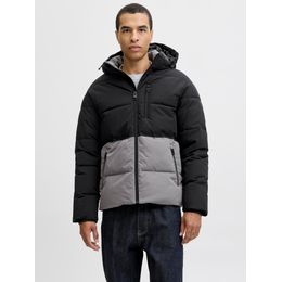 Jack & Jones Steppjacke JACK & JONES "JJEOWEN PUFFER SN", Herren, Gr. XS, schwarz (castlerock detail:schwarz blocking), Web, Obermaterial: 100% Polyester, regular fit, Rippb&uuml;ndchen, Jacken Steppjacke
