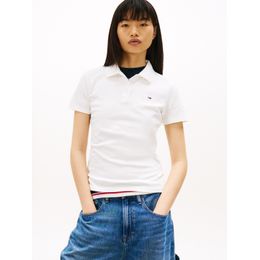 Poloshirt Tommy Jeans "TJW SLIM ESSENTIAL POLO SHORT SLEEVE", Damen, Gr. XS (34), beige (ecru), Piqu&eacute;, Obermaterial: 97% Baumwolle, 3% Elasthan, unifarben, slim fit h&uuml;ftlang, V-Ausschnitt, abgesteppte Kante, Shirts Poloshirt, mit Logostickerei, Piqu&eacute;