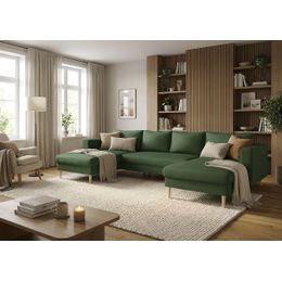 Wohnlandschaft Trendmanufaktur "Amazing, wahlw. mit Schlaffunktion & Bettkasten, Fu&szlig; Buche lackiert", dunkelgr&uuml;n, B:305cm H:81cm T:161cm, Sofas, Wohnlandschaft, Sofa in U-Form, in Cord oder Struktur, Breite 305 cm