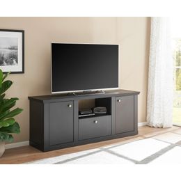 Lowboard Home Affaire "Lincoln, moderner TV-Schrank, schwarze Kommode, TV-Unterschrank", schwarz matt, B:158cm H:62cm T:42cm, FSC-zertifizierter Holzwerkstoff, Sideboards, Lowboard, edles Design, messingfarbene Knopfgriffe, in 2 Gr&ouml;&szlig;en verf&uuml;gbar