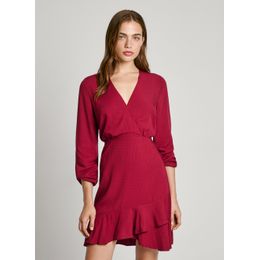 A-Linien-Kleid Pepe Jeans "KENDALL", Damen, Gr. S, N-Gr, rot (burnt rot), Web, Obermaterial: 100% Viskose, Strukturmuster, regular fit, tiefer V-Ausschnitt, elastischer Bund, Kleider A-Linien-Kleid, mit Volants und langen &Auml;rmeln