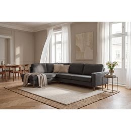Ecksofa Home Affaire "Pinto Skandi, 290 cm, Chenille, Struktur, Ottomane links / rechts", dunkelgrau, B:290cm H:89cm T:217cm, 100% Polyester, Sofas, Ecksofa, mit Keder, Massivholzf&uuml;&szlig;e Eiche ger&auml;uchert, Wellenunterfederung