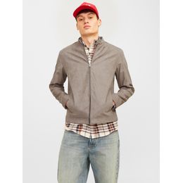 Jack & Jones Lederimitatjacke JACK & JONES "JJEDYLAN CLEAN JACKET NOOS", Herren, Gr. M, gr&uuml;n (falcon), Web, Obermaterial: 100% Polyester, unifarben, normal taillenbedeckt, ohne Ausschnitt, 1-Knopf-Manschette, Jacken Lederimitatjacke, mit Bandkargen