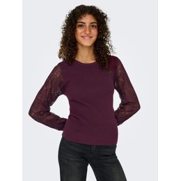 Rundhalspullover Only "ONLPERRY LIFE LS MIX O-NECK KNT", Damen, Gr. S, winetasting detail:dtm lace, Strick, Obermaterial: 78% Polyester, 22% Viskose, unifarben, slim fit, Rundhals, Pullover Rundhalspullover