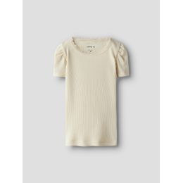 Kurzarmshirt name it "NMFKAB TOP NOOS", M&auml;dchen, Gr. 98, beige (summer sand (blank)), Jersey, Obermaterial: 57% Baumwolle, 38% Modal, 5% Elasthan, unifarben, regular fit normal, Rundhals, Puff&auml;rmel abgesteppte Kante, Shirts Kurzarmshirt, Baumwollmischung, Spitze, Puff&auml;rmel