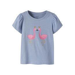 T-Shirt name it "NMFVIBEKE CAPSL TOP", M&auml;dchen, Gr. 110, lila impression print:flamingos, Jersey, Obermaterial: 100% Baumwolle, bedruckt, unifarben, normal normal, Rundhals, Shirts T-Shirt