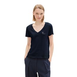 V-Shirt Tom Tailor Denim, Damen, Gr. S (36), blau (sky captain blau), Jersey, Obermaterial: 100% Baumwolle, unifarben, regular fit taillenlang, Rundhals, Shirts V-Shirt, mit Statement-Prints