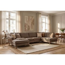 Wohnlandschaft Home Affaire "Pinto Skandi, 350 cm, U-Form, XXL, mit Ottomanen", braun, B:349cm H:89cm T:206cm, 100% Polyester, Sofas, Wohnlandschaft, mit Keder, Massivholzf&uuml;&szlig;e Eiche ger&auml;uchert, Wellenunterfederung