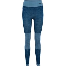 Leggings Hummel "HMLCLEA SEAMLESS MID WAIST TIGHTS", Damen, Gr. S (36), N-Gr, navy peony, faded denim, Obermaterial: 57% Polyamid, 30% Polyester, 13% Elasthan, Hosen Leggings, dehnbarer Stoff, mit Mesh-Bel&uuml;ftung, feuchtigkeitsableitend