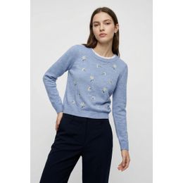 V&eacute;ro Moda Wollpullover VERO MODA "VMFIORELLA EMB LS O-NECK SHORT PULL BOO", Damen, Gr. S, brunnera blau detail:melange with embroidery, Strick, Obermaterial: 79% Polyester, 13% Polyacryl, 5% Wolle, 3% Elasthan, bestickt, meliert, regular fit normal, Rundhals, Strickb&uuml;ndchen, Pullover Wollpullover, mit Blumenstickerei