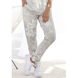 Loungehose Lascana, Damen, Gr. 32/34, N-Gr, grau (grau, allover, gemustert), angeraute Sweatware, Obermaterial: 50% Baumwolle, 50% Polyester, gebl&uuml;mt, bequem kn&ouml;chellang, Hosen Loungehose, mit floralem Alloverdruck, Loungewear