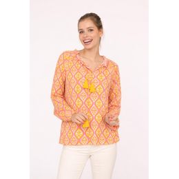 Schlupfbluse Zwillingsherz "Ovale Ranken", Damen, Gr. SM (S/M), orange (mittelorange), Obermaterial: 100% Viskose, gemustert, loose fit h&uuml;ftlang, Serafino, Blusen Schlupfbluse, Bindeband mit Tasseln, Langarm, V-Ausschnitt, Viskose
