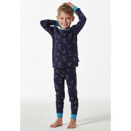 Schlafanzug Schiesser "Boys World", Jungen, Gr. 98, blau (dunkelblau), Single Jersey, Obermaterial: 100% Baumwolle, gemustert, bequem lang, Rundhals, angesetztes B&uuml;ndchen, Homewear-Sets Schlafanzug, mit Allover-Print