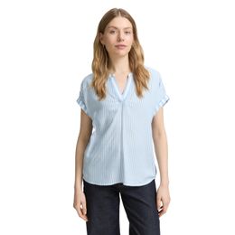 Shirtbluse Tom Tailor, Damen, Gr. 44, blau (blau sanftes wei&szlig; stripe), Obermaterial: 100% Viskose, gestreift, loose fit Po-bedeckend, Rundhals, Blusen Shirtbluse, mit Streifen Muster