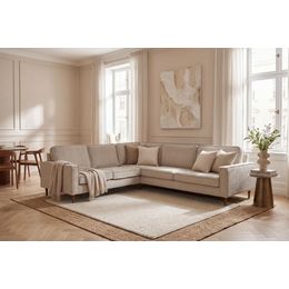 Ecksofa Home Affaire "Pinto Skandi, 290 cm, Chenille, Struktur, Ottomane links / rechts", creme, B:290cm H:89cm T:250cm, 100% Polyester, Sofas, Ecksofa, mit Keder, Massivholzf&uuml;&szlig;e Eiche ger&auml;uchert, Wellenunterfederung