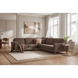 Ecksofa Home Affaire "Pinto Skandi, 290 cm, Chenille, Struktur, Ottomane links / rechts", braun, B:290cm H:89cm T:250cm, 100% Polyester, Sofas, Ecksofa, mit Keder, Massivholzf&uuml;&szlig;e Eiche ger&auml;uchert, Wellenunterfederung