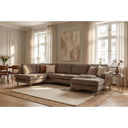 Wohnlandschaft Home Affaire "Pinto Skandi, 350 cm, U-Form, XXL, mit Ottomanen", braun, B:349cm H:89cm T:206cm, 100% Polyester, Sofas, Wohnlandschaft, mit Keder, Massivholzf&uuml;&szlig;e Eiche ger&auml;uchert, Wellenunterfederung