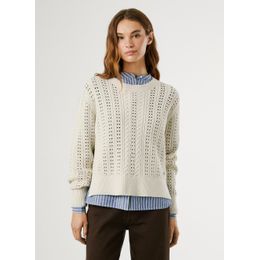 Strickpullover Pepe Jeans "CANDIDE", Damen, Gr. M, wei&szlig; (oyster wei&szlig;), Strick, Obermaterial: 60% Baumwolle, 40% Polyacryl, unifarben, Rundhals, Strickb&uuml;ndchen, Pullover Strickpullover, mit Lochmuster