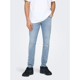 Only & Sons Slim-fit-Jeans ONLY & SONS "ONSLOOM SLIM JAX DBD 9138 DCC DNM NOOS", Herren, Gr. 29, L&auml;nge 32, blau (light blau denim), Denim/Jeans, Obermaterial: 93% Baumwolle, 5% Polyester, 2% Elasthan, Basic, slim fit, Jeans Slim-fit-Jeans