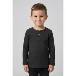 Langarmshirt name it "NMMKAB LS TOP NOOS", Jungen, Gr. 116, schwarz, Feinripp, Obermaterial: 57% Baumwolle, 38% Modal, 5% Elasthan, unifarben, normal normal, Rundhals, abgesteppte Kante, Shirts Langarmshirt, Im Henley-Stil - mit kurzer Knopfleise, normal geschnitten