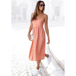 Sommerkleid Lascana, Damen, Gr. 40, N-Gr, beige (puder), Web, Obermaterial: 58% Viskose, 28% Baumwolle, 14% Leinen, figurumspielend Midi, V-Ausschnitt, Kleider Sommerkleid, aus Leinenmix mit Baumwolle, Midikleid, Strandkleid, Topseller