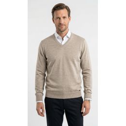 V-Ausschnitt-Pullover OLYMP "OLYMP Strick Casual", Herren, Gr. L, beige (hellbeige), Obermaterial: 100% Schurwolle, tailliert, V-Ausschnitt, Pullover V-Ausschnitt-Pullover, klassischer Strickpullover
