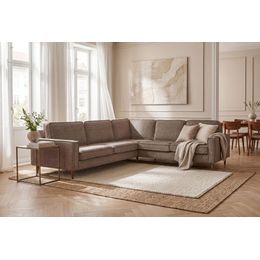 Ecksofa Home Affaire "Pinto Skandi, 290 cm, Chenille, Struktur, Ottomane links / rechts", braun, B:290cm H:89cm T:250cm, 100% Polyester, Sofas, Ecksofa, mit Keder, Massivholzf&uuml;&szlig;e Eiche ger&auml;uchert, Wellenunterfederung