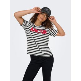 T-Shirt Only "ONLKIKO LIFE S/S O-NECK TERRY TOP CS JRS", Damen, Gr. M, schwarz (cloud dancer stripes:schwarz, print amour), Jersey, Obermaterial: 100% Baumwolle, gestreift, regular fit, Rundhals, Shirts T-Shirt
