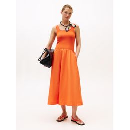 A-Linien-Kleid Tommy Hilfiger "5X2 RIB MIDI MIX F&F DRS", Damen, Gr. XS (34), N-Gr, orange (brilliant orange), Web, Obermaterial: 97% Baumwolle, 3% Elasthan, unifarben, regular fit, eckiger Ausschnitt, Kleider A-Linien-Kleid