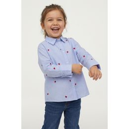 Hemdbluse KIDS Only "KOGNEW LINAGRACE LS ST.EMB SHRT WVN NOOS", M&auml;dchen, Gr. 122, moonlight blau detail:stripes rot heart emb., Web, Obermaterial: 85% Polyester, 15% Baumwolle, bestickt, gestreift, bequem Po-bedeckend, Blusen Hemdbluse
