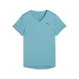 Trainingsshirt Puma "W TAD ESSENTIAL VNECK TEE", Damen, Gr. XXL, baltic sea blau, Jersey, Obermaterial: 100% Polyester, regular fit normal, V-Ausschnitt, Shirts Trainingsshirt, Kurzarm, mit V-Ausschnitt, f&uuml;r Sportmode und aktive Workouts