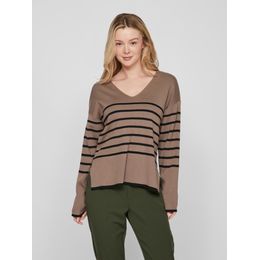 V-Ausschnitt-Pullover Vila "VIOSTRIA V-NECK L/S REV TOP-NOOS", Damen, Gr. XL, braun (fossil stripes:schwarz beauty), Strick, Obermaterial: 70% Viskose, 30% Polyester, gestreift, regular fit, V-Ausschnitt, Pullover V-Ausschnitt-Pullover