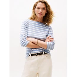 3/4-Arm-Shirt Tommy Hilfiger "NEW CODY BOAT-NECK", Damen, Gr. M (38), blau (brisk blau, ecru stp), Jersey, Obermaterial: 100% Baumwolle, gestreift, slim fit h&uuml;ftlang, U-Boot-Ausschnitt, abgesteppt, Shirts 3/4-Arm-Shirt, Baumwolle, U-Boot-Ausschnitt, Slim Fit