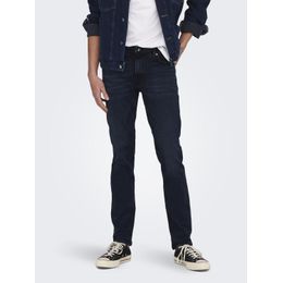 Only & Sons Slim-fit-Jeans ONLY & SONS "OS ONSLOOM SLIM BLUE GREY 40", Herren, Gr. 28, L&auml;nge 32, schwarz (blau, schwarz, denim), Denim/Jeans, Obermaterial: 84% Baumwolle, 15% Polyester, 1% Elasthan, Abriebeffekte, slim fit, Jeans Slim-fit-Jeans, mit Destroyed Effekt