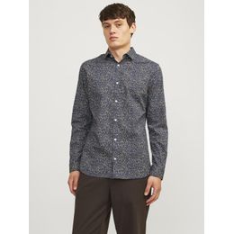 Jack & Jones Langarmhemd JACK & JONES "JPRBLABLACKPOOL STRETCH LS SHIRT SN", Herren, Gr. M, N-Gr, blau (night sky fit:slim fit), Web, Obermaterial: 96% Baumwolle, 4% Elasthan, gemustert, slim fit, Hemden Langarmhemd