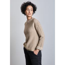 Langarmshirt Street One, Damen, Gr. 44, beige (honey sand), Feinstrick, Obermaterial: 100% Polyamid, gestreift, bequem h&uuml;ftlang, Umschlagmanschette, Shirts Langarmshirt, im zeitlosen Streifen-Look