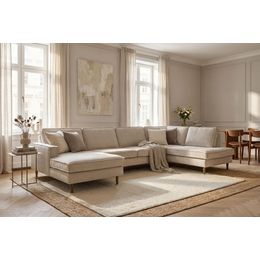Wohnlandschaft Home Affaire "Pinto Skandi, 350 cm, U-Form, XXL, mit Ottomanen", creme, B:349cm H:89cm T:206cm, 100% Polyester, Sofas, Wohnlandschaft, mit Keder, Massivholzf&uuml;&szlig;e Eiche ger&auml;uchert, Wellenunterfederung