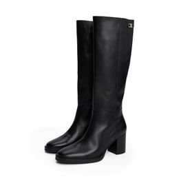 Stiefel Tommy Hilfiger "STACKED HEEL LEATHER LONG BOOT", Damen, Gr. 38, Normalschaft, schwarz, Glattleder, Schuhe Stiefel, Blockabsatz, Langschaftstiefel mit goldfarbenem Logo-Schmuckelement