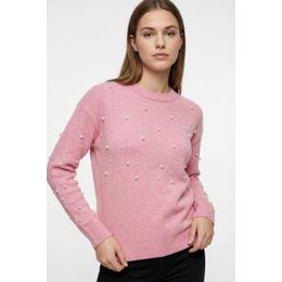 Rundhalspullover Only "ONLEMBLA LS O-NECK PEARL EX KNT", Damen, Gr. XS, geranium pink detail:melange, Strick, Obermaterial: 67% Polyacryl, 33% Polyester, meliert, normal, Rundhals, B&uuml;ndchen, Pullover Rundhalspullover