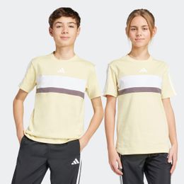 T-Shirt adidas Sportswear "SEASONAL ESSENTIALS TIBERIO 3-STREIFEN KIDS", Jungen, Gr. 140, gelb (powder gelb, wei&szlig;), Obermaterial: 100% Baumwolle, Rundhals, Shirts T-Shirt