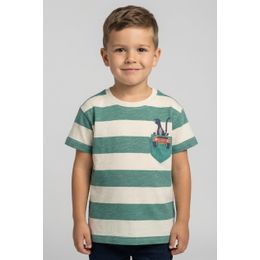 T-Shirt Blue Seven, Jungen, Gr. 98, stein, Single Jersey, Obermaterial: 100% Baumwolle, bedruckt, geringelt, gestreift, Basic normal, Rundhals, Shirts T-Shirt, mit Allover-Druck und gestreifter Optik, mit Brusttasche