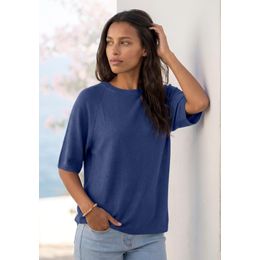 Kurzarmshirt Vivance "mit Lochstrickmuster", Damen, Gr. 44/46, indigo, Feinstrick, Obermaterial: 85% Viskose (LENZING&trade; ECOVERO&trade;), 15% Polyester, unifarben, l&auml;ssig geschnitten normal, Rundhals, Shirts Kurzarmshirt, aus weichem Viskose-Strick
