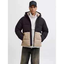 Jack & Jones Steppjacke JACK & JONES "JJEOWEN PUFFER SN", Herren, Gr. XS, schwarz (crockery detail:schwarz blocking), Web, Obermaterial: 100% Polyester, colorblocking, regular fit, Rippb&uuml;ndchen, Jacken Steppjacke