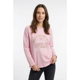 Sweatshirt Zwillingsherz "Wild Side Of Life", Damen, Gr. SM (S/M), pink, Sweatware, Obermaterial: 50% Baumwolle, 50% Polyester, unifarben mit Farbeinsatz, comfort fit h&uuml;ftlang, Rundhals, Sweatshirts Sweatshirt, mit Used-Look Kanten und farbiger Stickerei