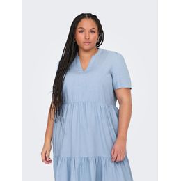 Minikleid Only CARMAKOMA "CARTIRI-CARO S/S V-NECK LIN DRESS TLR", Damen, Gr. 42, N-Gr, blau (cashmere blau), Web, Obermaterial: 55% Leinen, 45% Viskose, unifarben, regular fit kniefrei, V-Ausschnitt, Kleider Minikleid, Sommerkleid